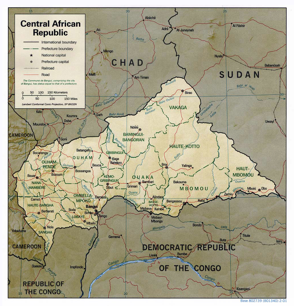 Detailed relief and political map of Central African Republic. Central ...