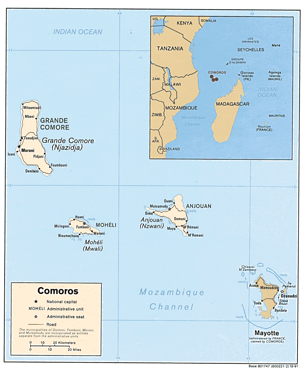 Detailed political map of Comoros and Mayotte with roads. Comoros and Mayotte political map with ...