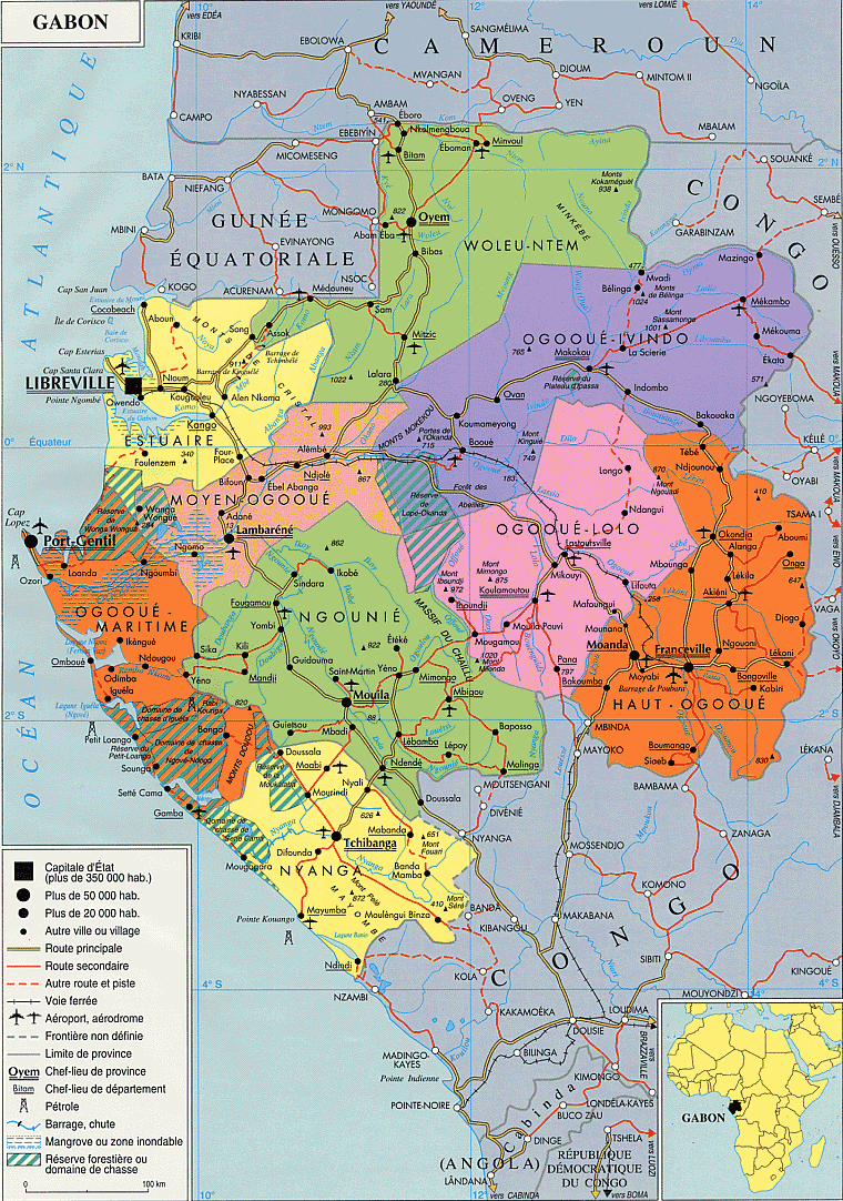 Detailed administrative map of Gabon with roads and cities. Gabon detailed map with roads and ...