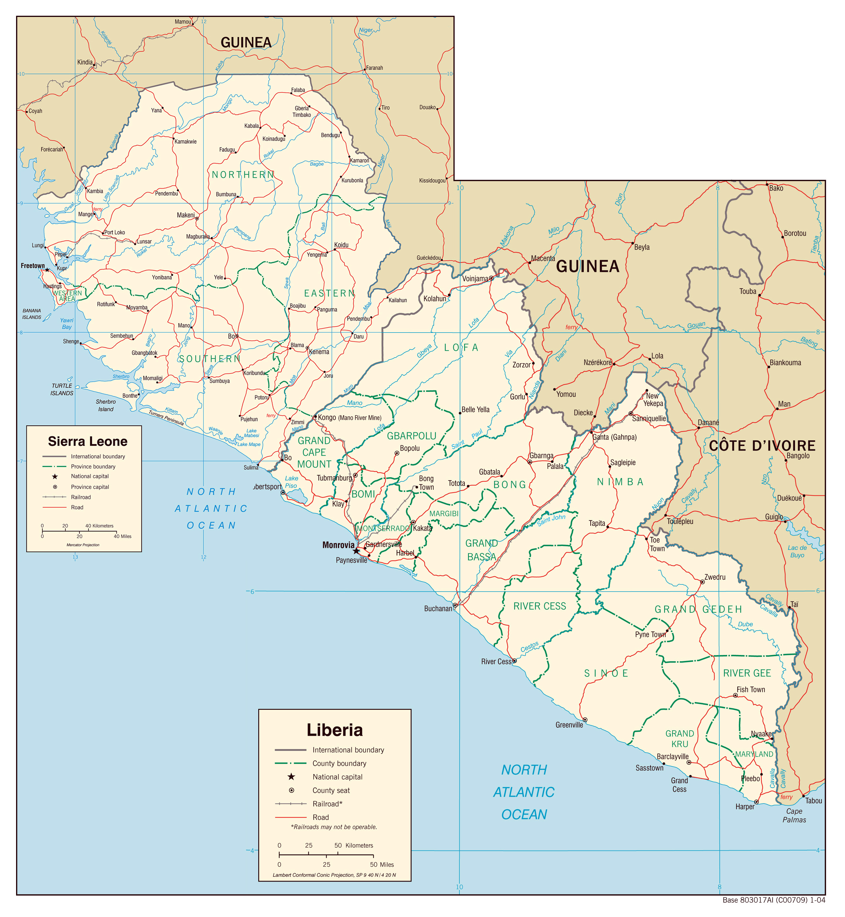 Political map of Sierra Leone and Liberia. Sierra Leone and Liberia ...