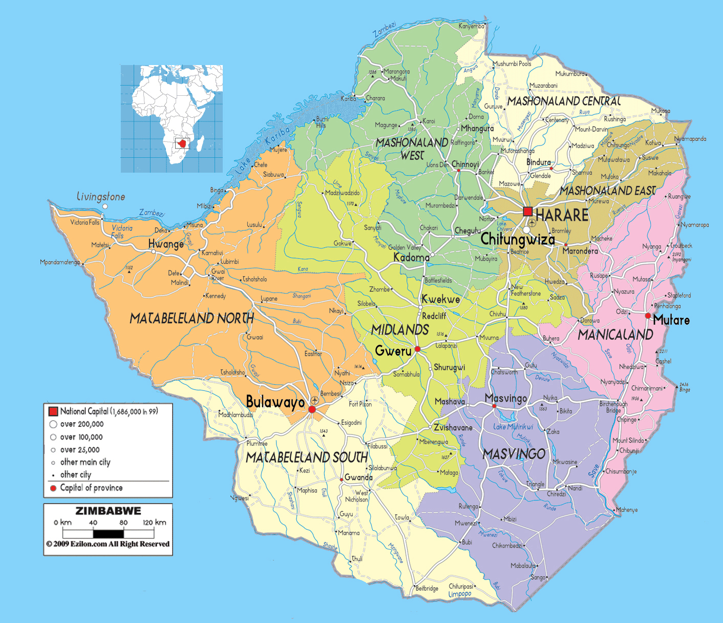 Large Detailed Administrative Map Of Zimbabwe With All Cities Roads