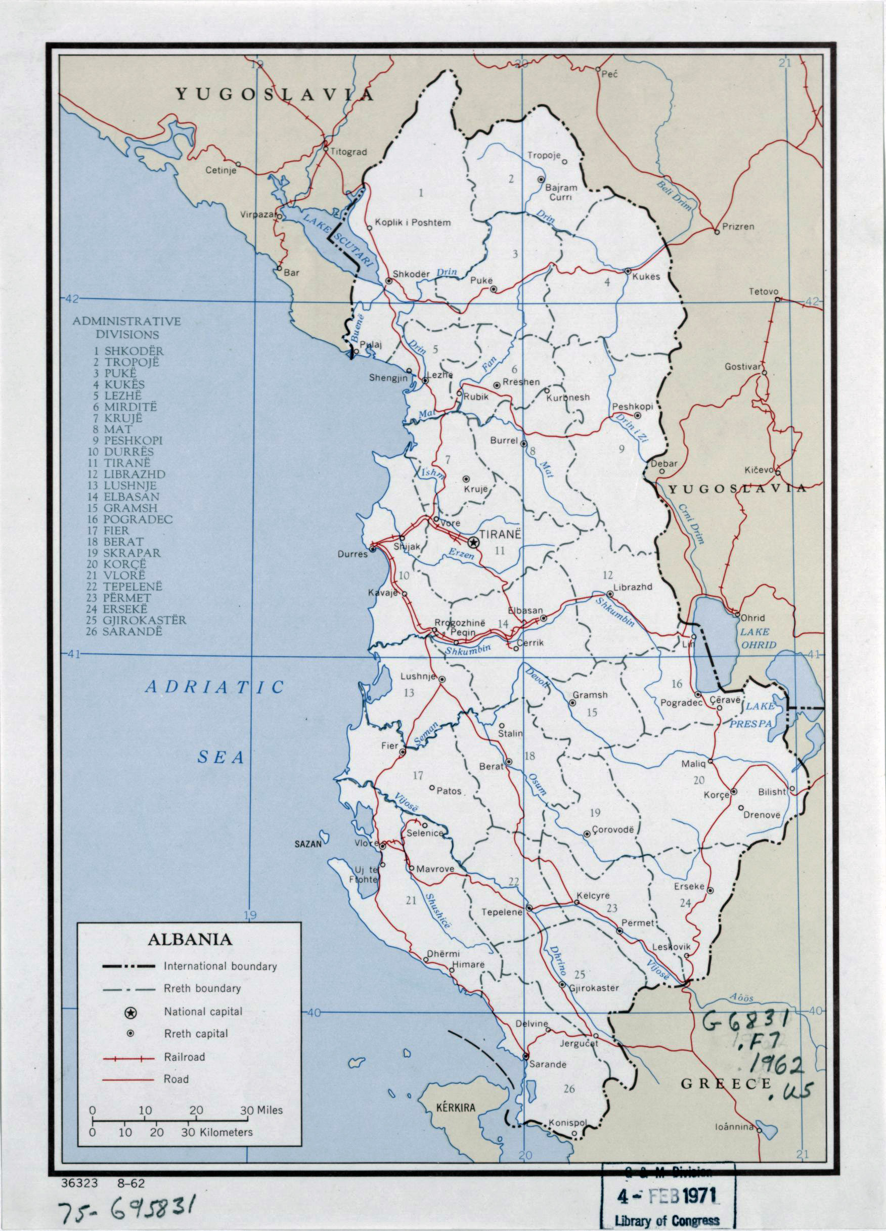 Large detailed political map of Albania with administrative divisions, roads and major cities ...