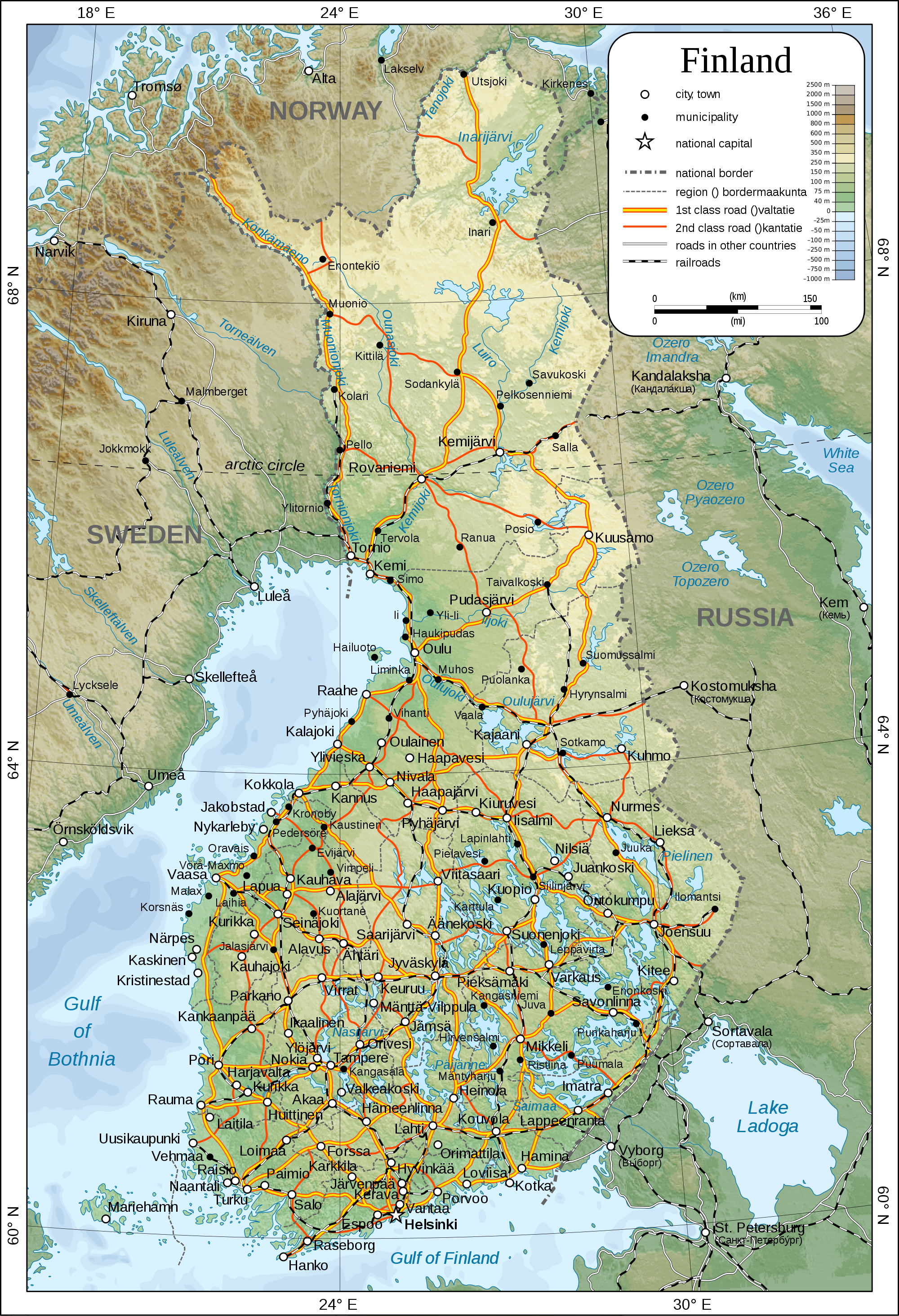 Large Detailed Physical Map Of Finland With All Cities Roads Railways Large Detailed Physical Map Of Finland With All Cities Roads Railways