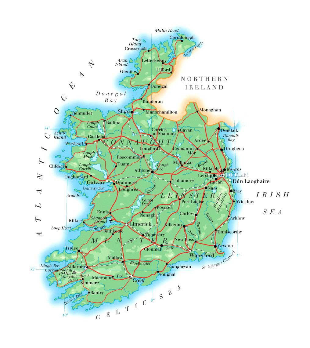 Large detailed physical map of Ireland with roads, cities and airports ... Large detailed physical map of Ireland with roads, cities and airports ...