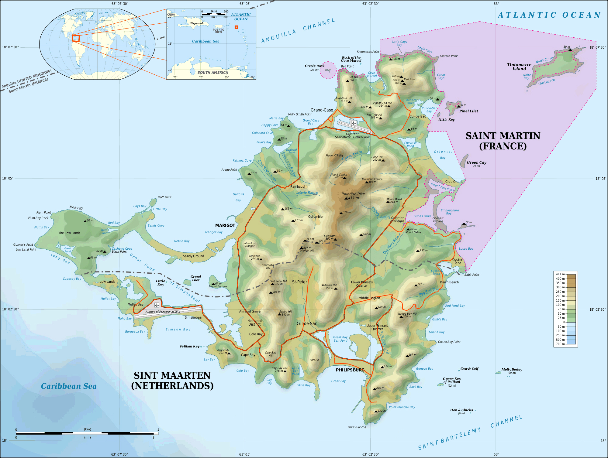 Large detailed topographical map of Saint Martin island. St. Maarten ... Large detailed topographical map of Saint Martin island. St. Maarten ...