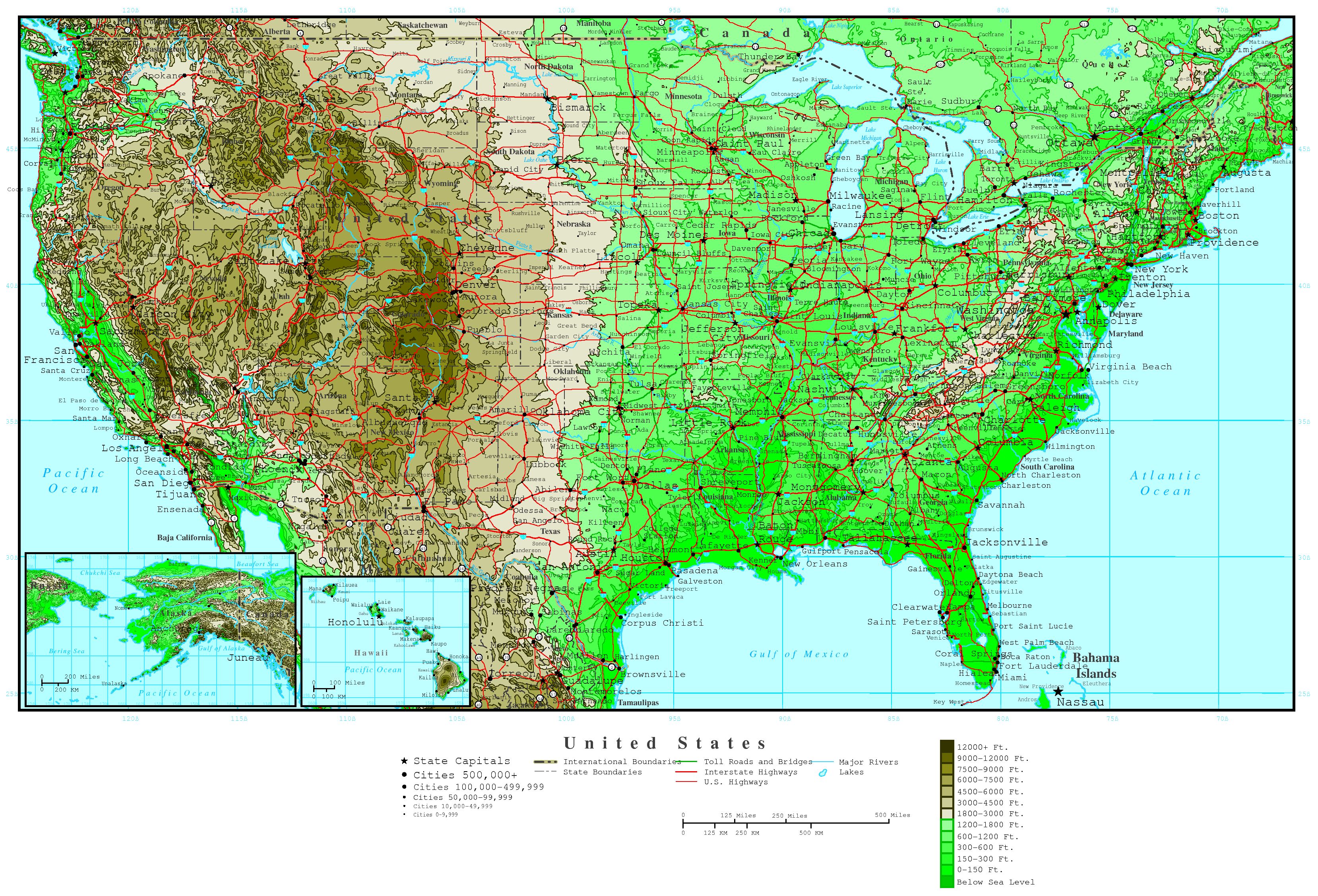 Large detailed road and elevation map of the USA. The USA large ... Large detailed road and elevation map of the USA. The USA large ...