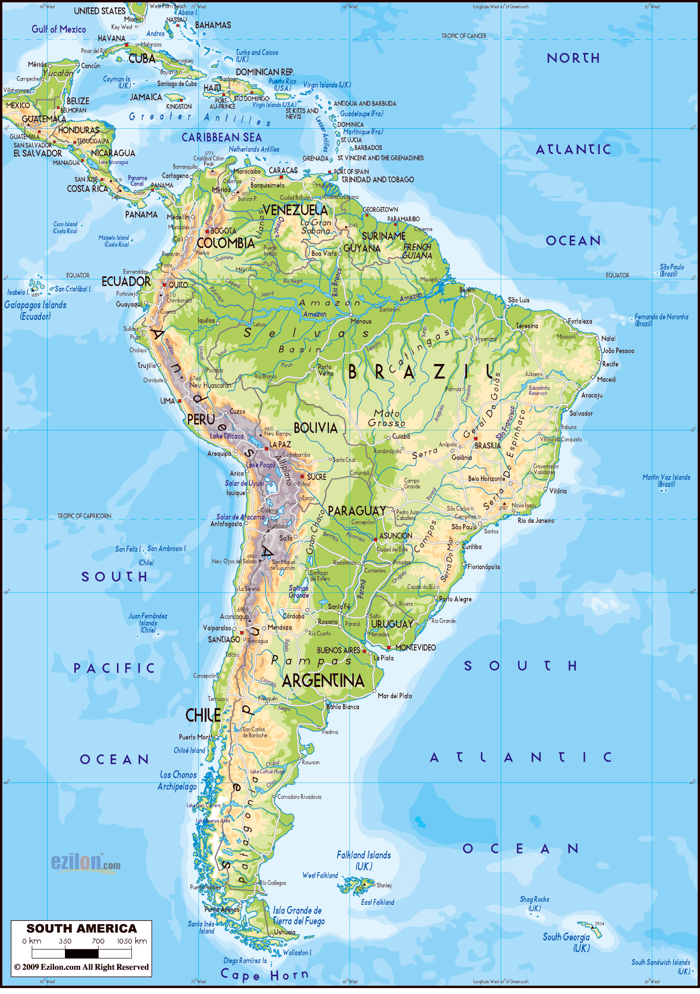 Large detailed physical map of South America with roads | Vidiani.com ... Large detailed physical map of South America with roads | Vidiani.com ...