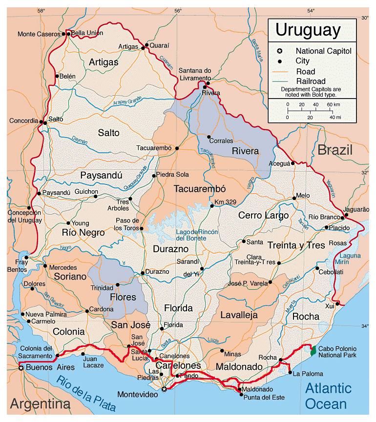 Detailed administrative map of Uruguay with roads. Uruguay detailed administrative map with ...